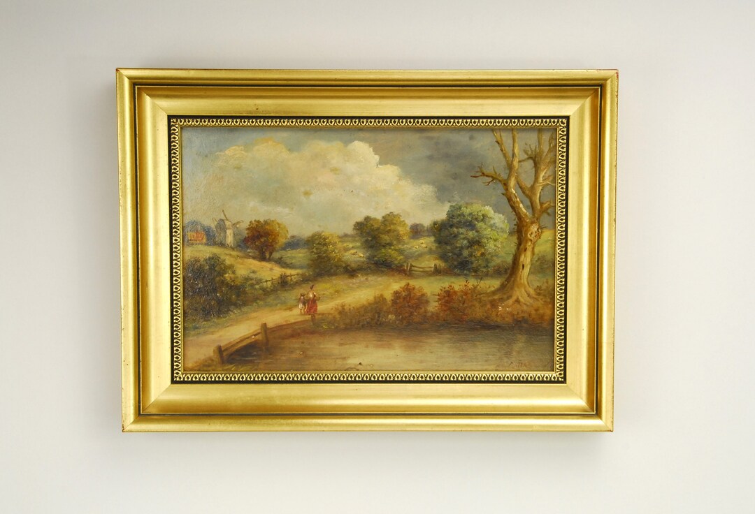 Antique Early 20th Century Oil on Board Windmill With Mother & Child ...