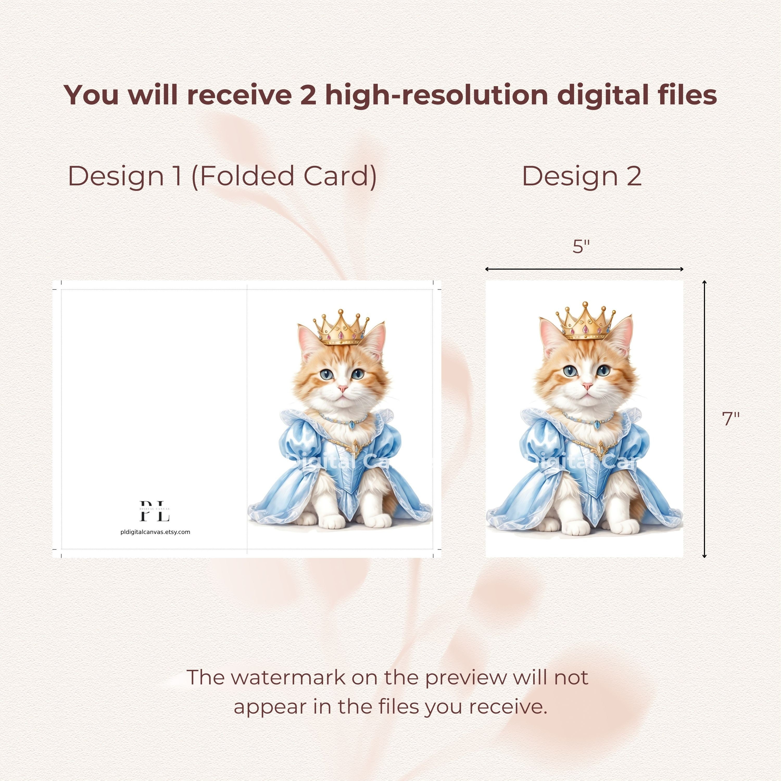 Princess Card Girl Birthday Card Cute Kitten Card Greeting Card ...