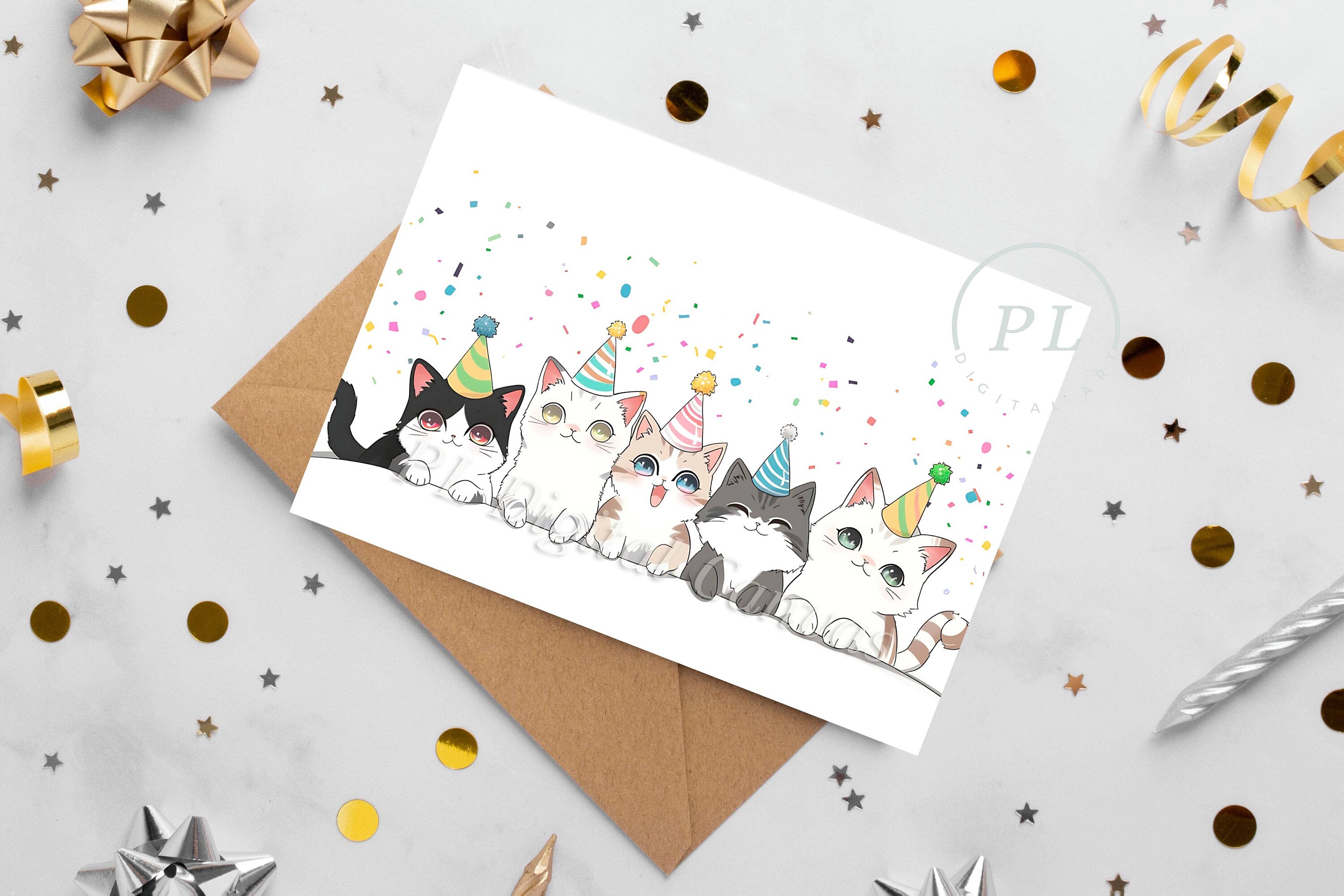 Printable Birthday Card Cats Kittens Kitty Party Greeting Card ...