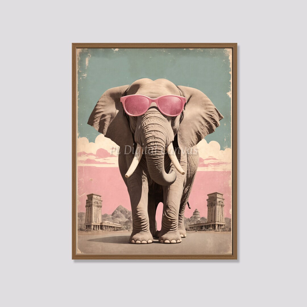 Elephant Wearing Sunglasses | Vintage Wall Decor | Retro Printable Art ...