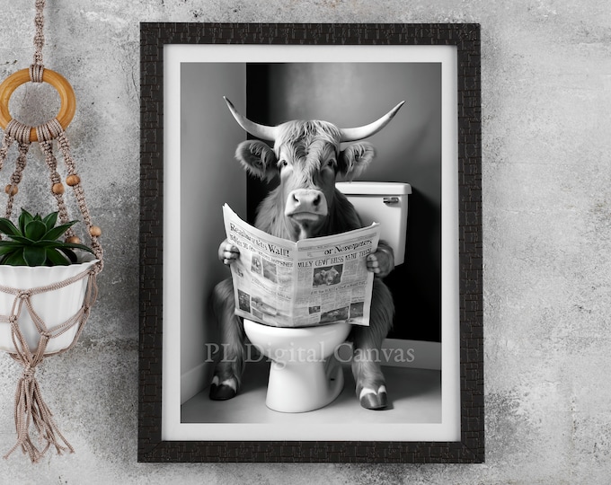 Highland Cow, Reading Newspaper on Toilet, Funny, Cute, Wall Poster ...