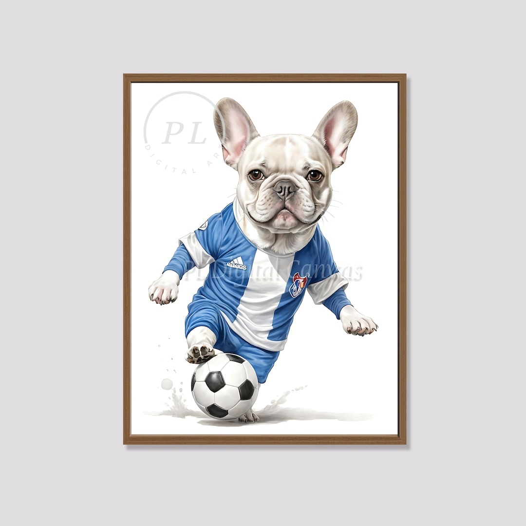 Bulldog Playing Football - Soccer Art - Funny Dog Artwork - Printable ...