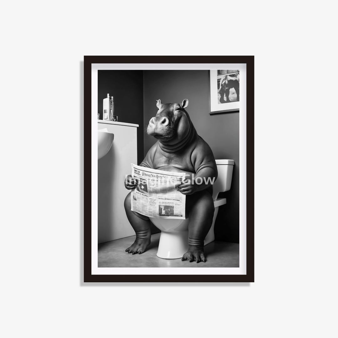 Hippo in Toilet Artwork Funny Bathroom Wall Decor Printable Art Animal ...