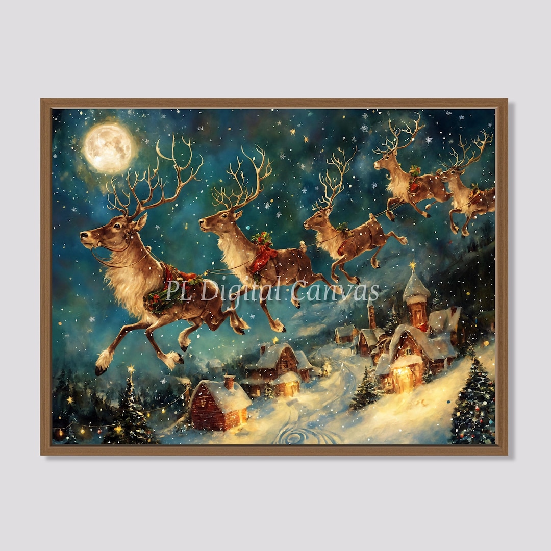 Reindeer Sleigh Flying in Sky Print - Santa's Sleigh Christmas Scene ...