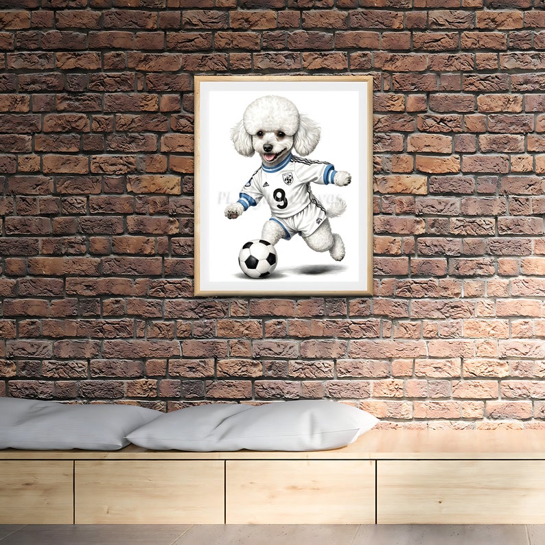 Poodle Playing Football Soccer Art Funny Dog Artwork Printable Wall Art ...