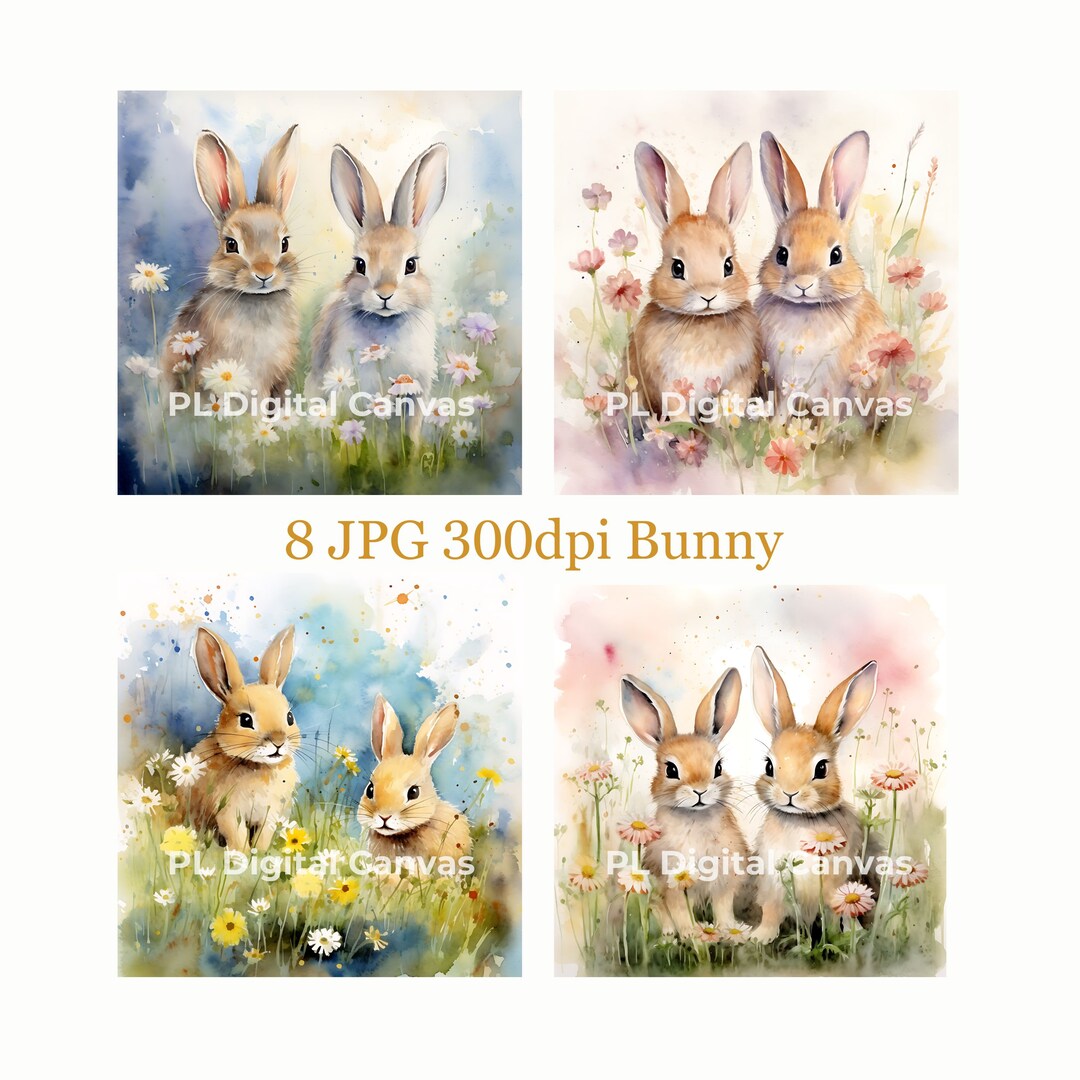 Cute Bunny Clipart | Easter Rabbits Pairs | Floral Printable Art Print ...