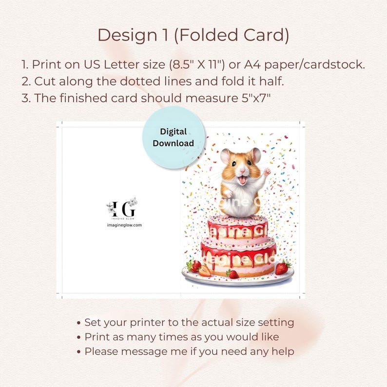Hamsters Birthday Card Strawberry Theme Printable Card Party Greeting ...