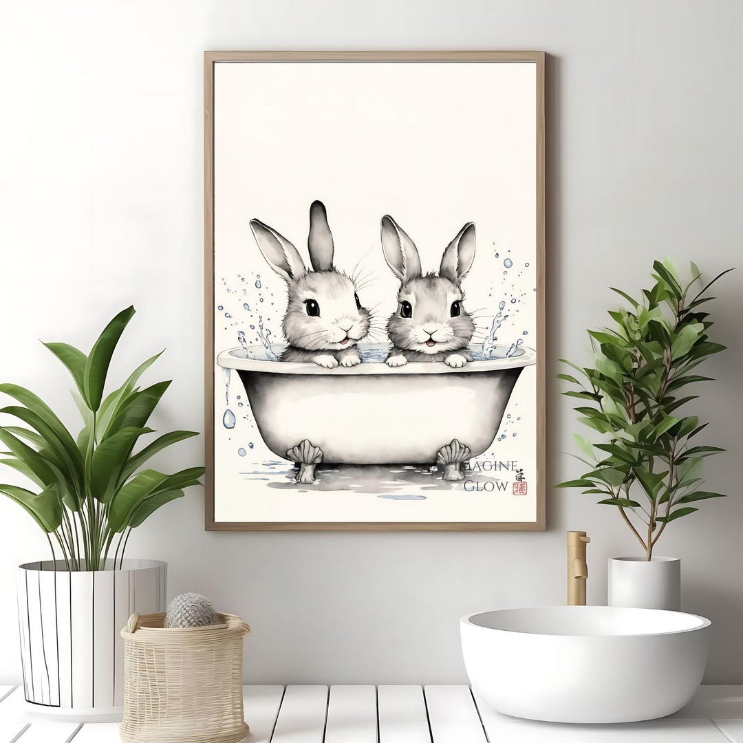 Bunny Bathroom Art Print Japanese Art Rabbit in Bathtub Funny Rabbit ...