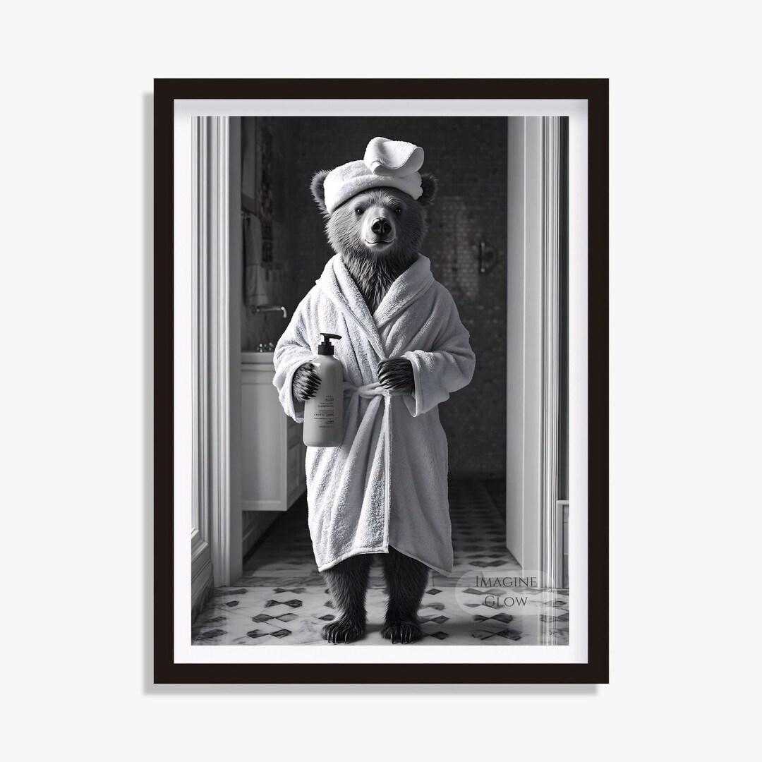 Bear in Robe Bathroom Print: Black and White Animal Art (digital ...