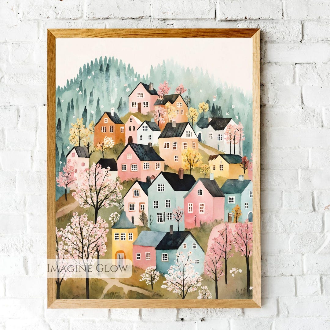 Spring Village Blossoming Trees Art Print Whimsical Springtime Country ...