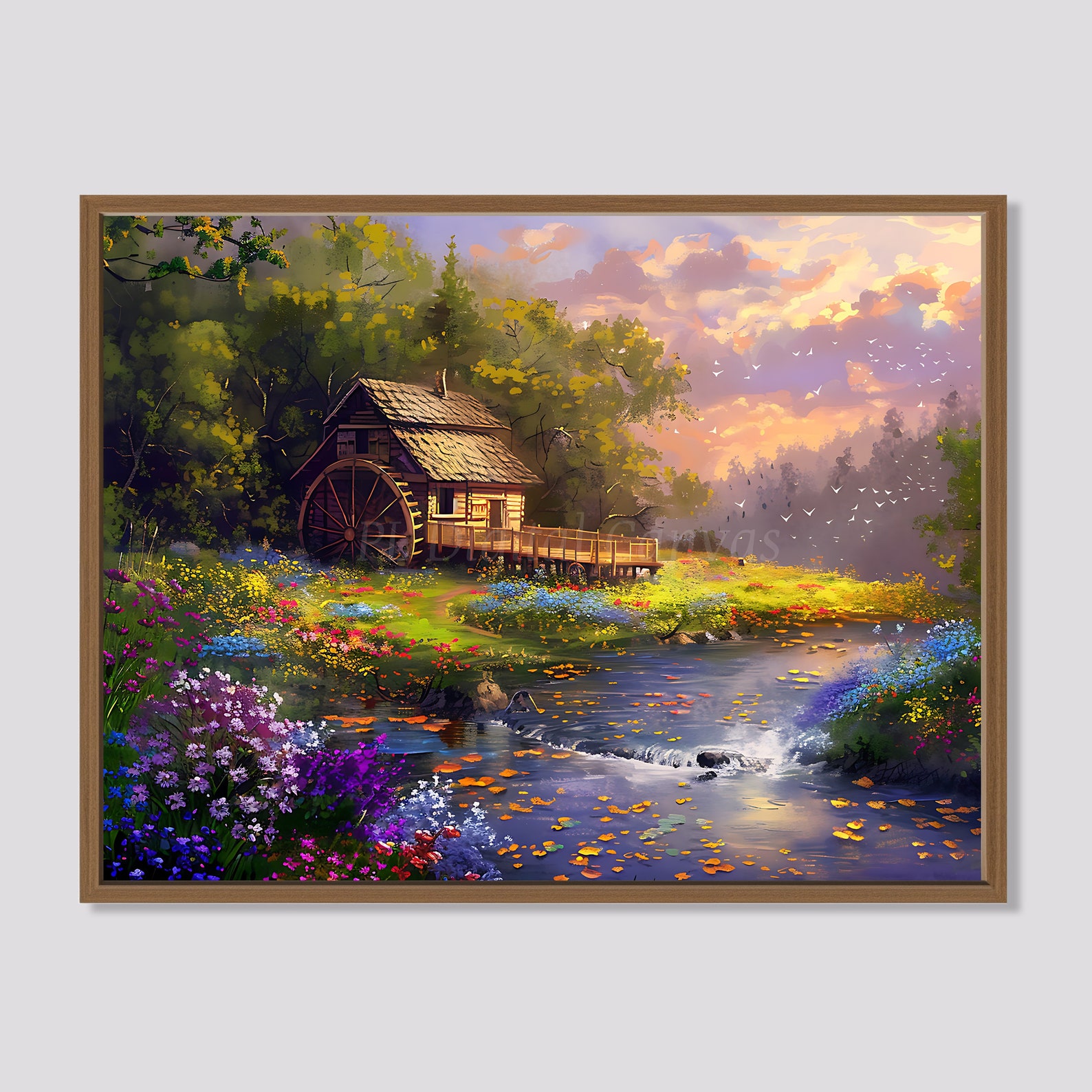 Watermill Art Print, Water Wheel Painting, Countryside Landscape Wall ...