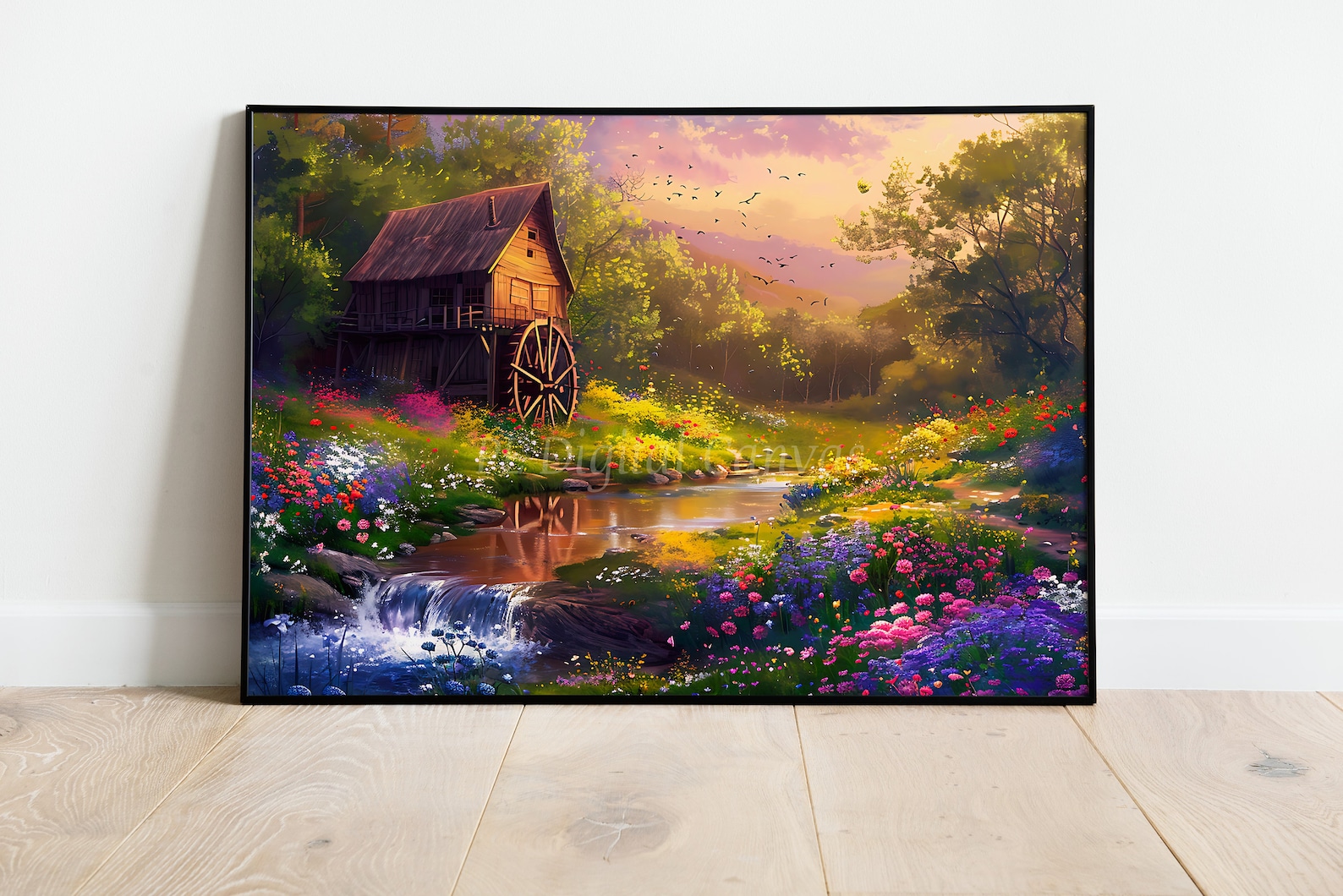 Watermill Art Print, Water Wheel Painting, Lakeside House, Countryside ...