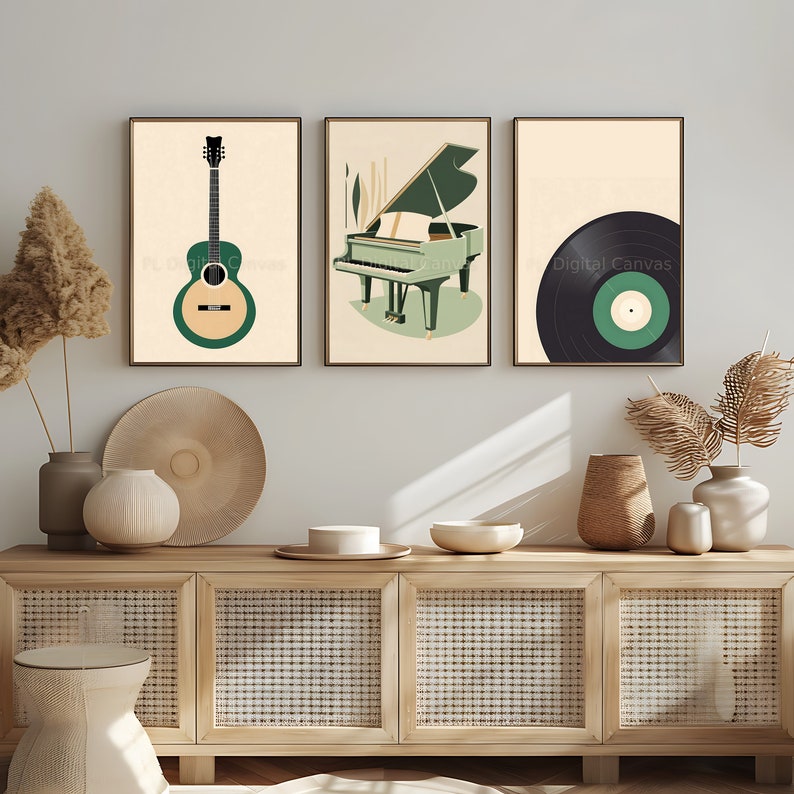 Boho Music Wall Art Prints: Piano, Guitar, Vinyl Record (digital ...