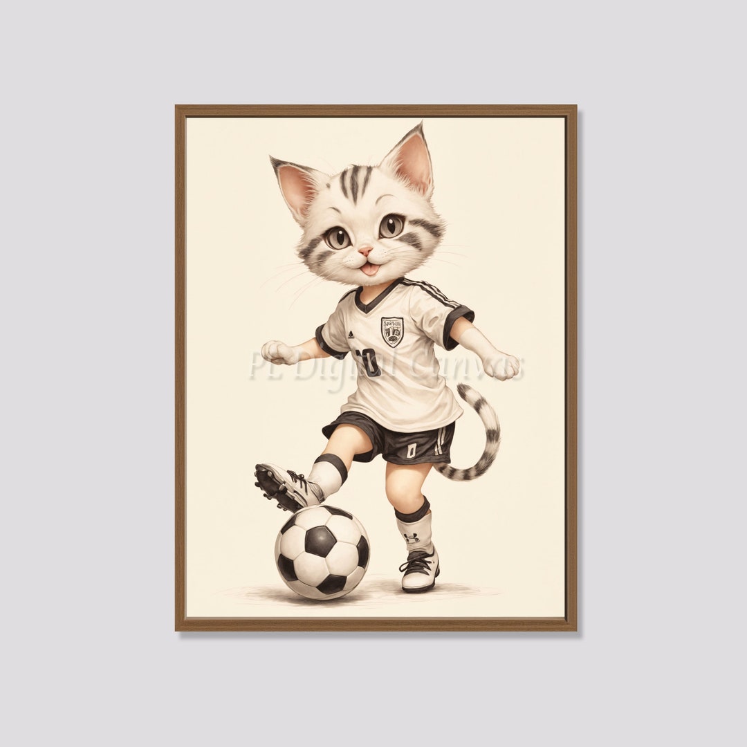 Soccer Print Cat Girl Playing Soccer Funny Cat Artwork Nursery Wall Art ...