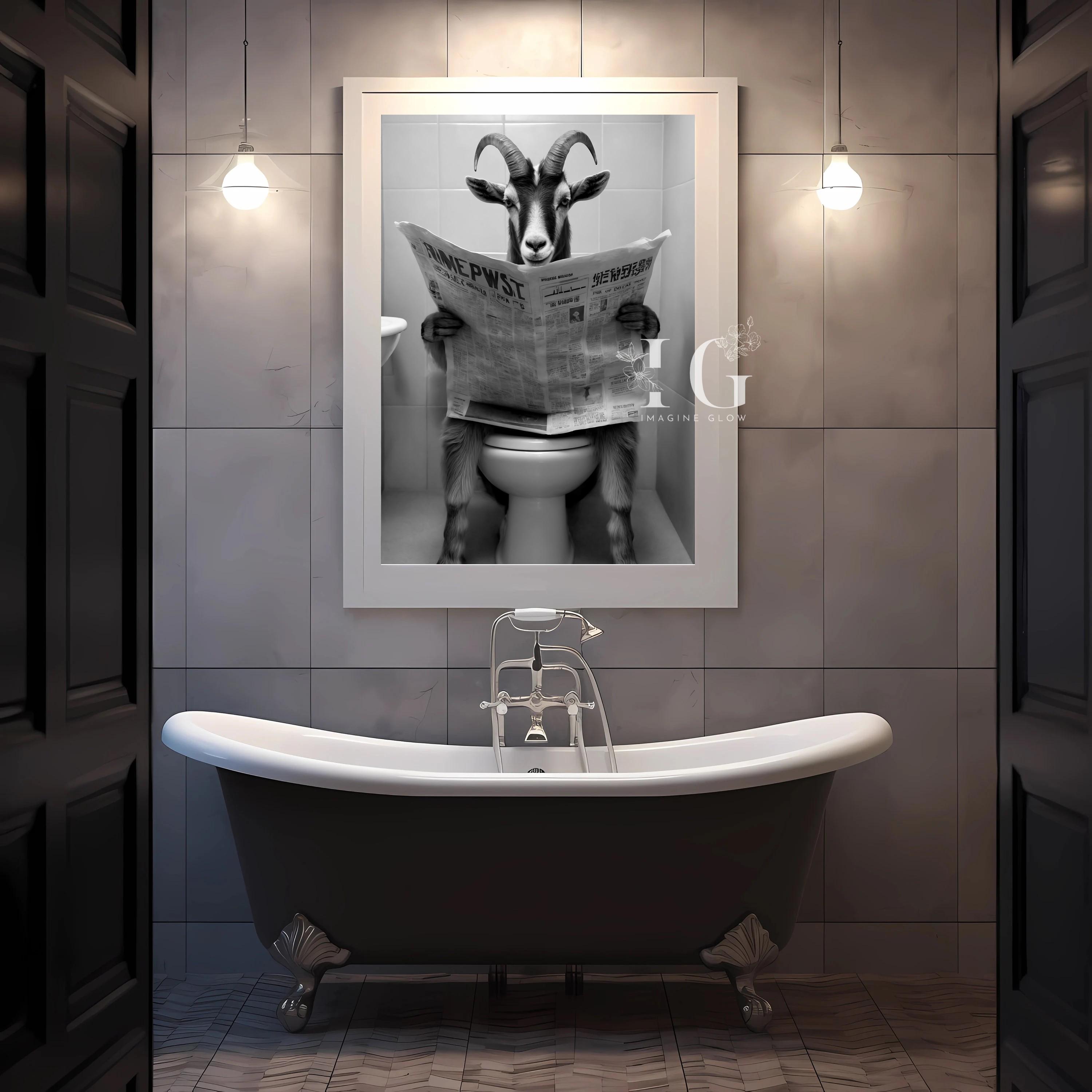 Goat in Toilet Artwork Funny Bathroom Wall Decor Newspaper Print ...
