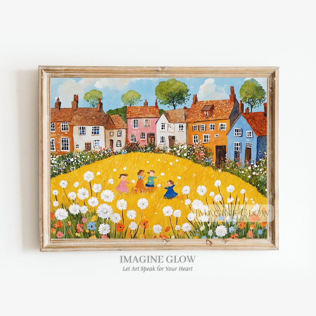 Spring Folk Art Painting Colorful Village Print Blooming Dandelion ...