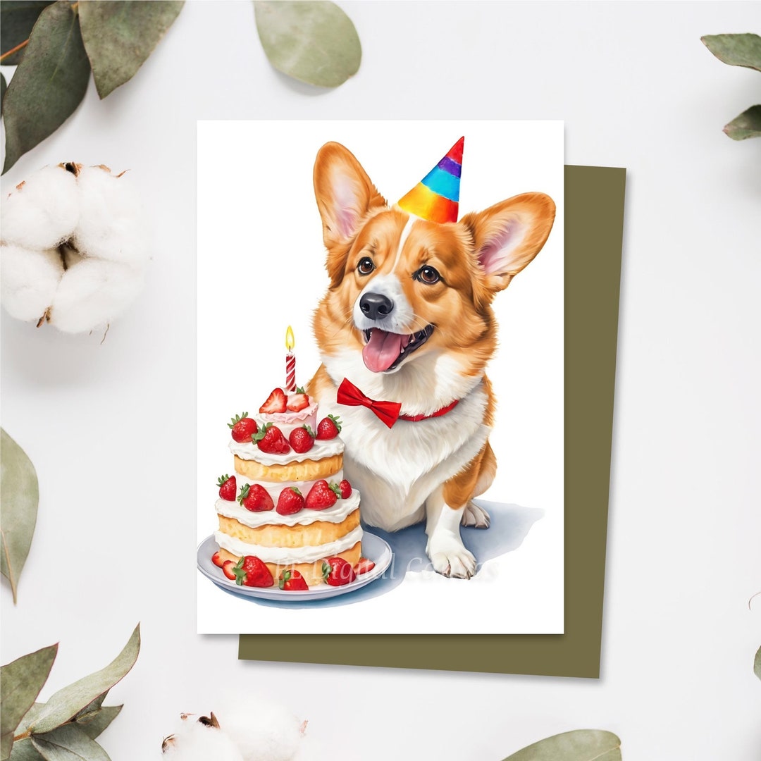 Welsh Corgi Birthday Card: Party Dog With Cake (digital Download) - Etsy