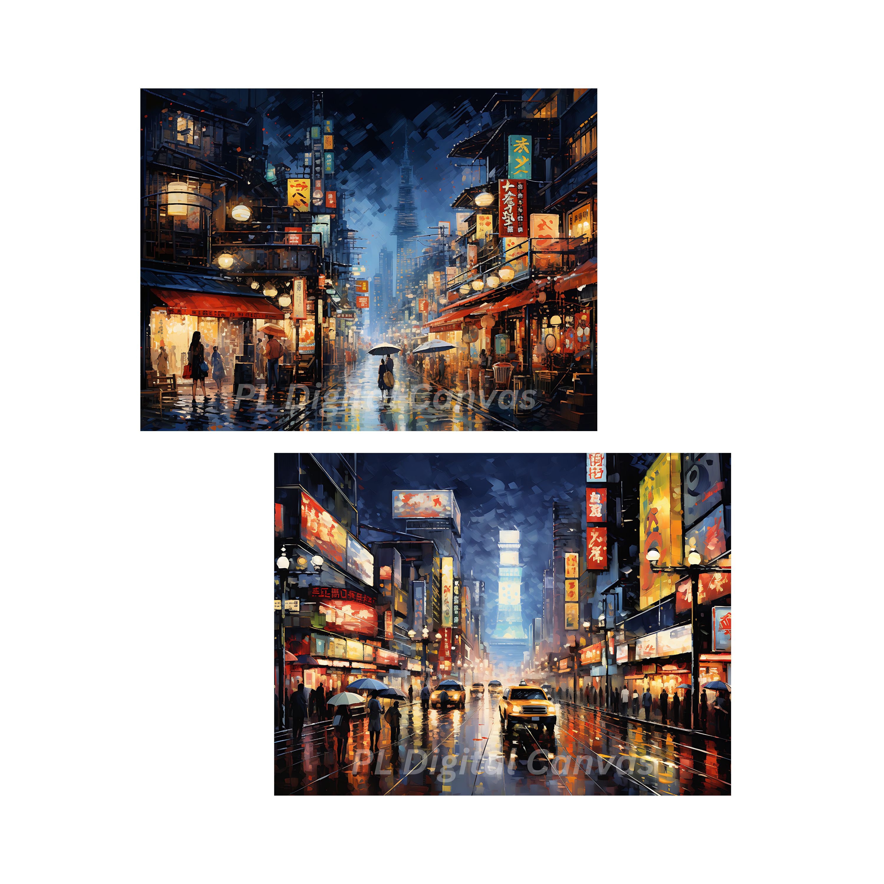 Japan Night View Tokyo Street Japanese Painting Printable Art Instant ...