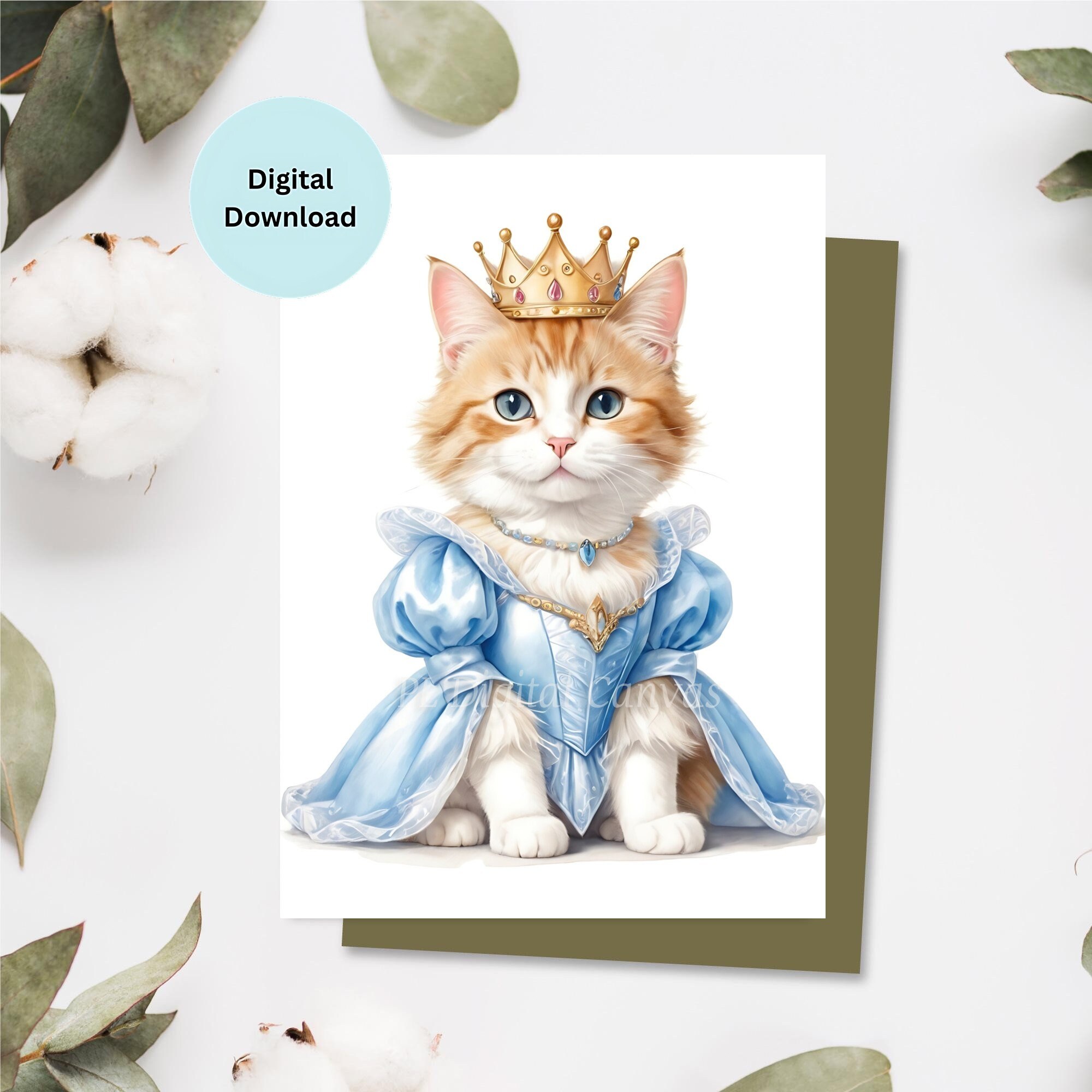 Princess Card Girl Birthday Card Cute Kitten Card Greeting Card ...