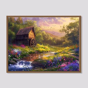 Watermill Art Print, Water Wheel Painting, Lakeside House, Countryside ...