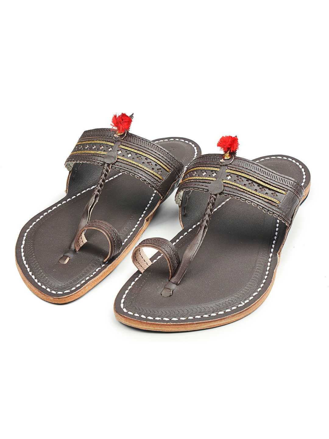 Mens Elegant Brown Kolhapuri Chappal With Golden Jari and Star Punching ...