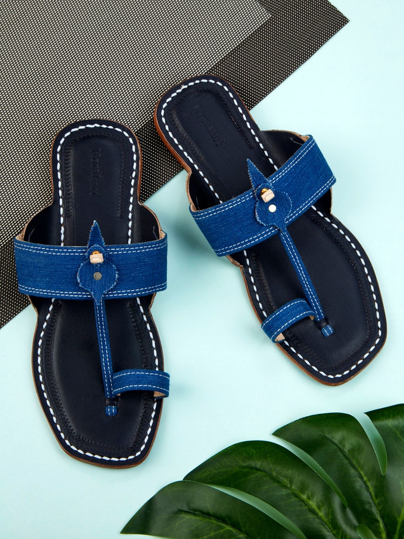 Blue Denim Dapper Mens Modern Blue Denim Kolhapuri Chappal With Blue ...