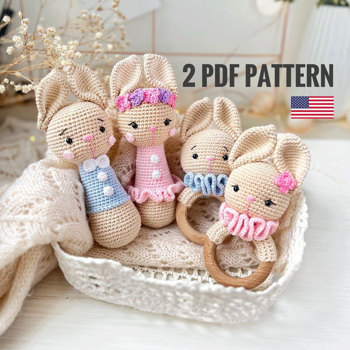 Bunny Crochet Rattle Baby Toy Pattern PDF SET 2 in 1, Amigurumi Bunny ...