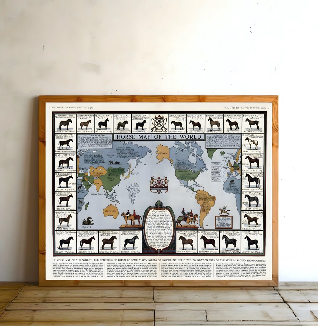 Horse Map of the World 1936 Museum Quality Art Print Mustang, Shire ...