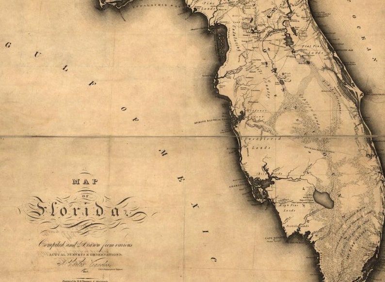 1823 Antique Map of Florida Museum Quality Historic Drawing Vintage ...