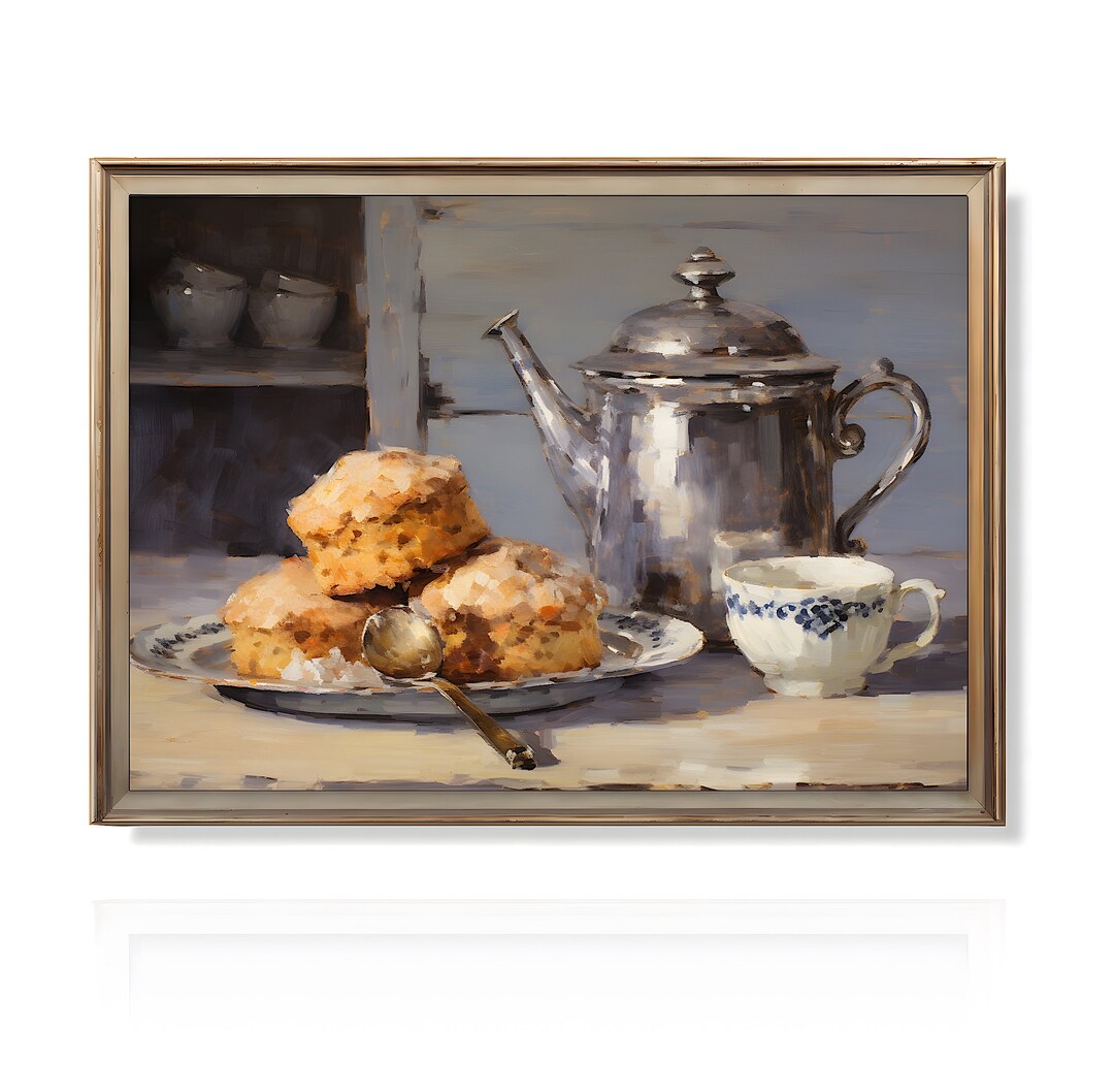 Tea and Scones | Kitchen Still Life Painting | Vintage Farmhouse Decor ...