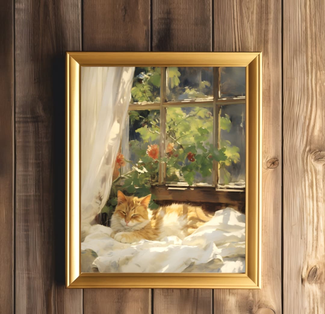 Sleeping Cat Print | Vintage Farmhouse Art | Country Cat Print | Soft ...