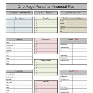One Page Personal Financial Plan, Personal Financial Plan, Personal ...