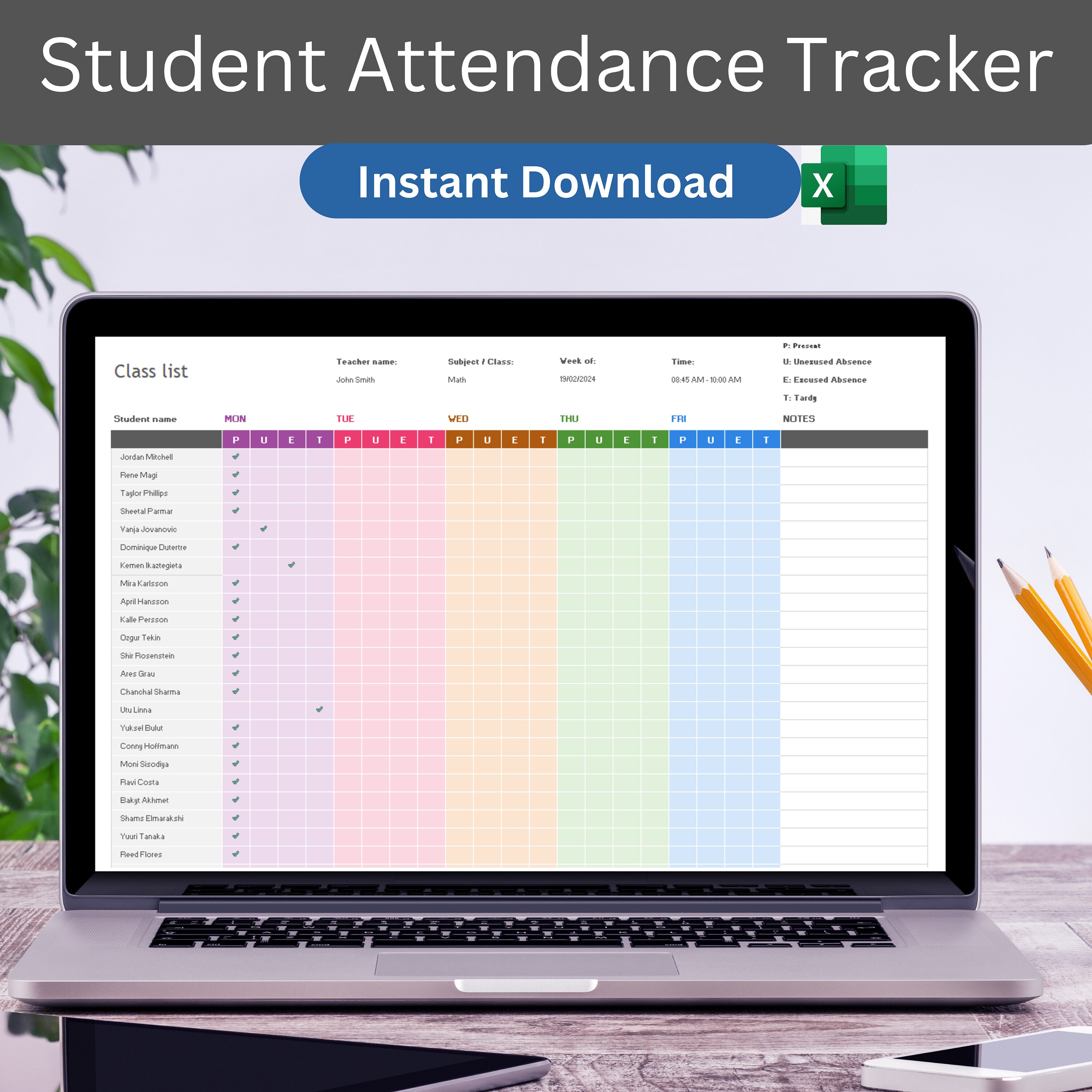 Class Student Absence List, Attendance Record Template, Student or ...