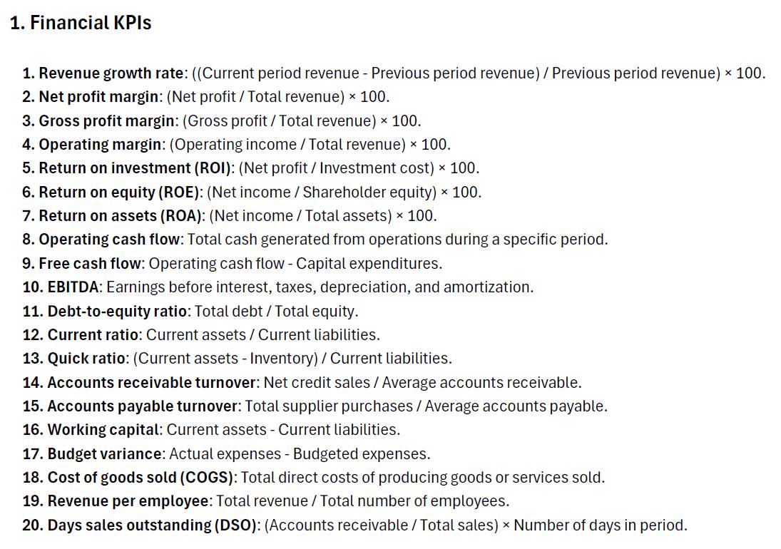 100 Key Performance Indicators, One Page KPI, Strategic Planning ...