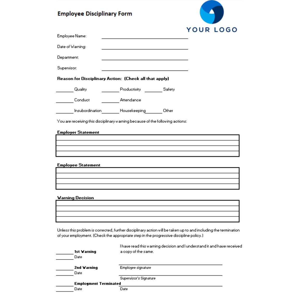 Employee Discipline Form, Disciplinary Action Template for Employer and ...