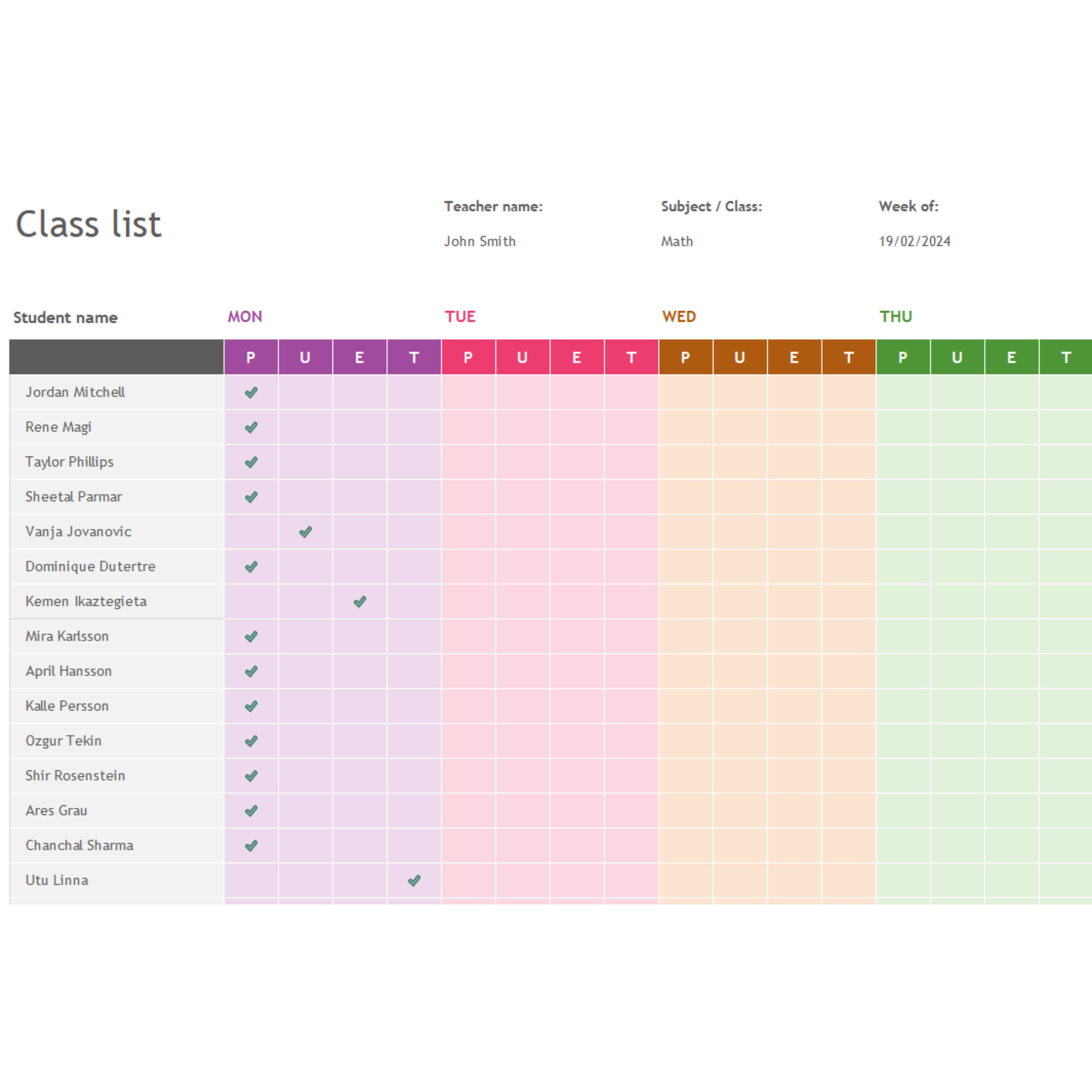 Class Student Absence List, Attendance Record Template, Student or ...