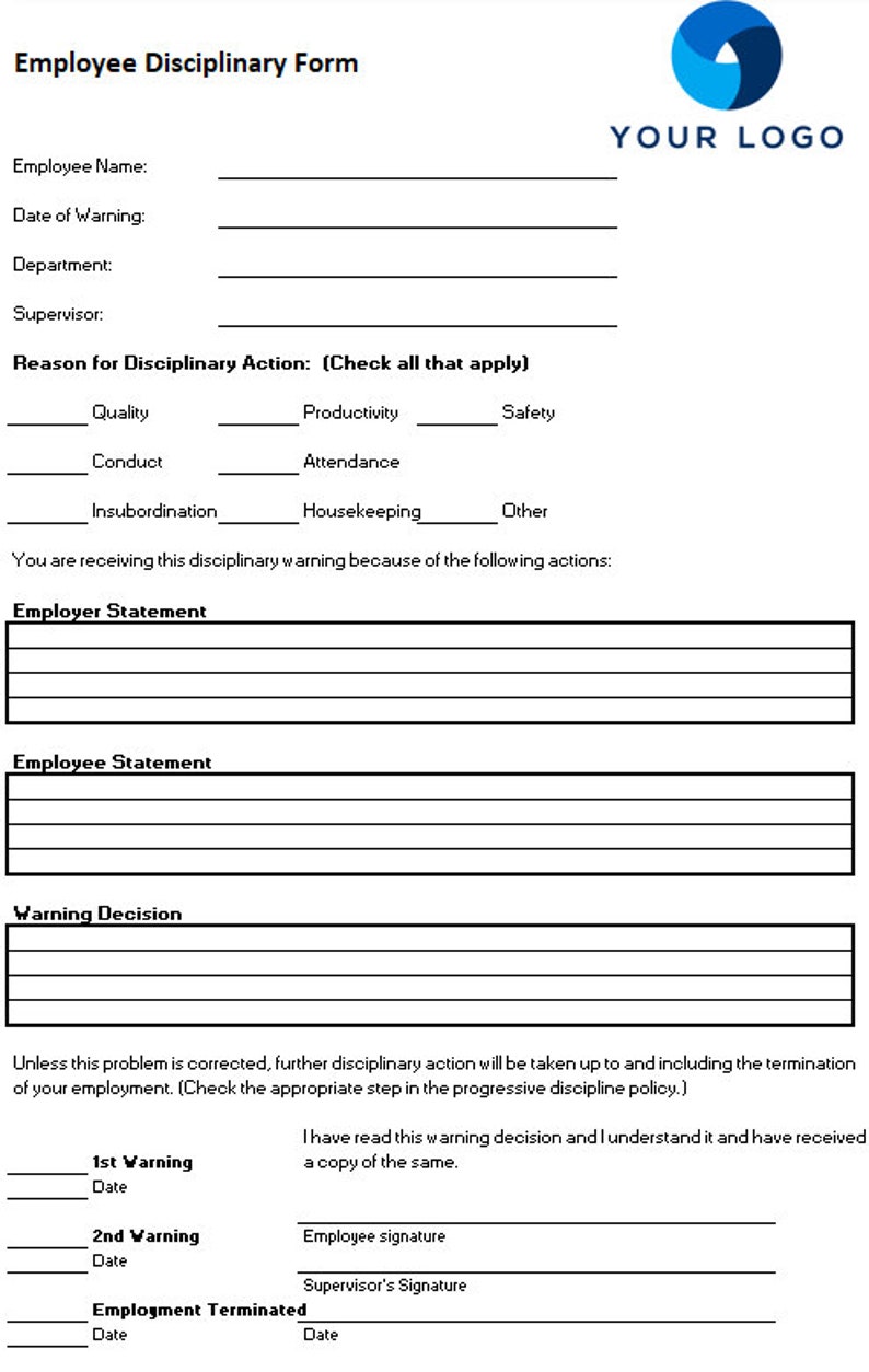 Employee Discipline Form, Disciplinary Action Template for Employer and ...