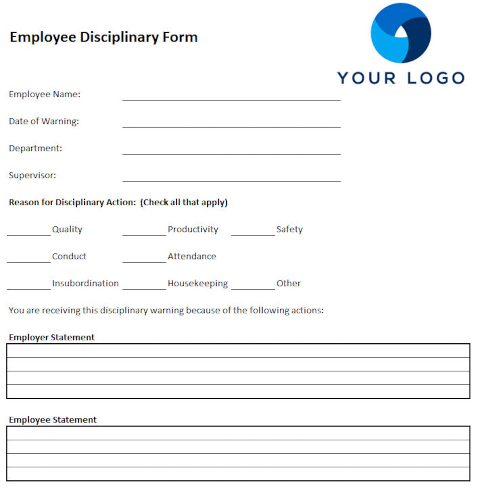 Employee Discipline Form, Disciplinary Action Template for Employer and ...