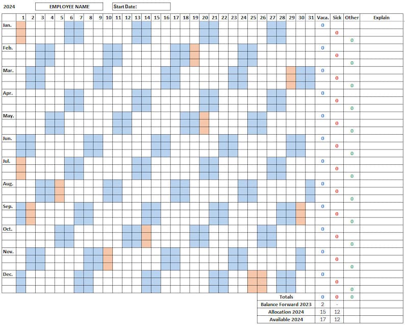 Vacation Calendar, Sick Day Calendar, Tracking Employee Vacation ...