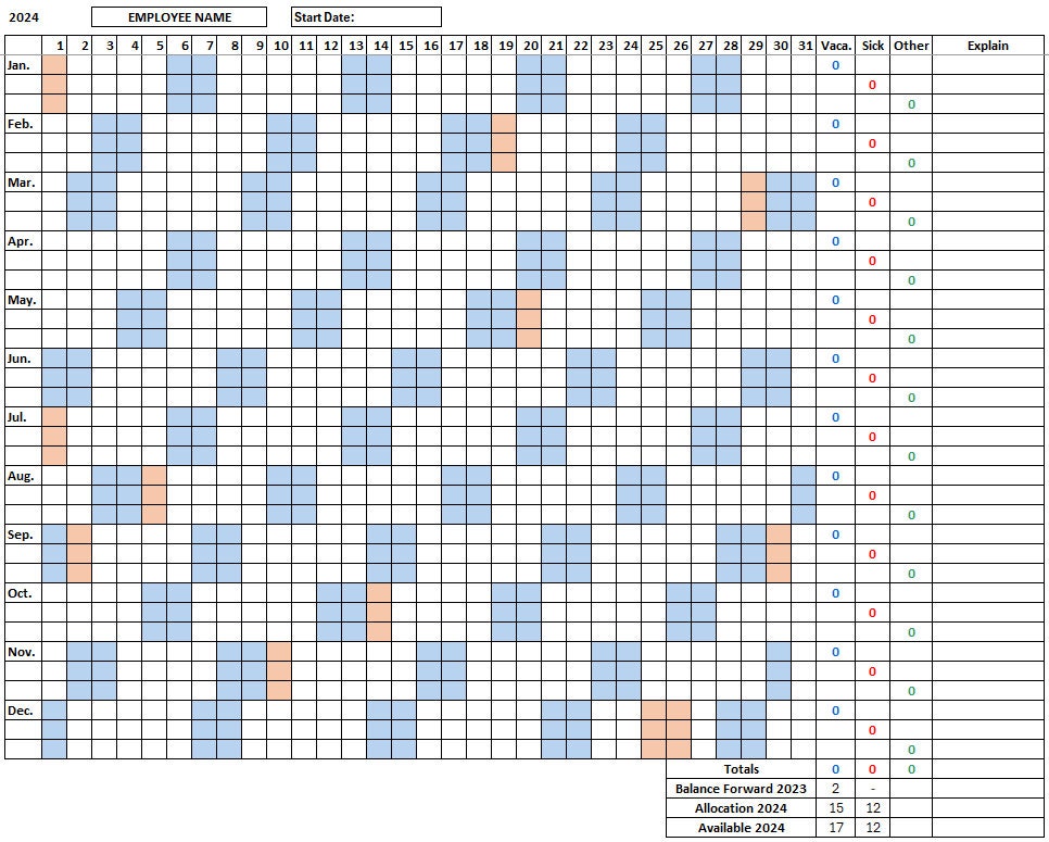 Vacation Calendar, Sick Day Calendar, Tracking Employee Vacation ...