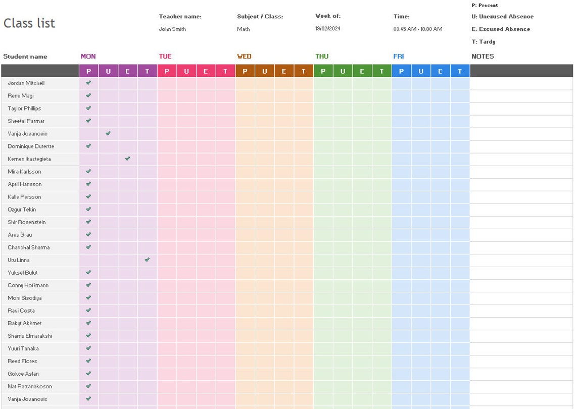 Class Student Absence List, Attendance Record Template, Student or ...
