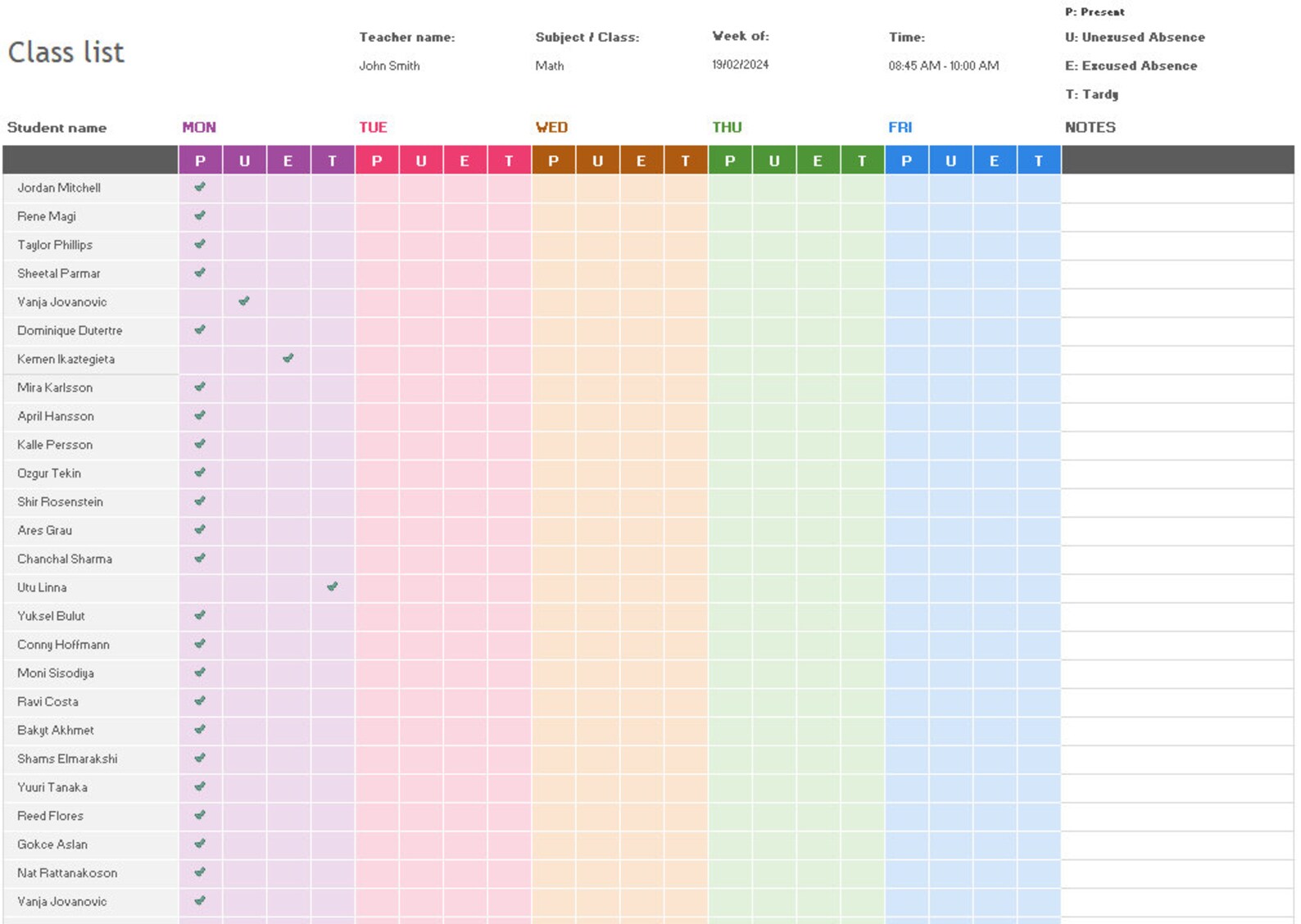 Class Student Absence List, Attendance Record Template, Student or ...