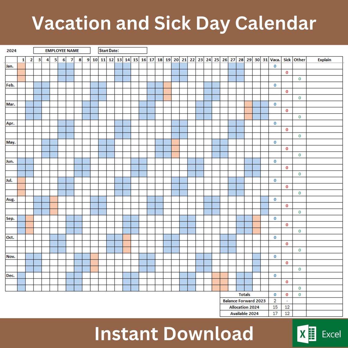 Vacation Calendar, Sick Day Calendar, Tracking Employee Vacation ...