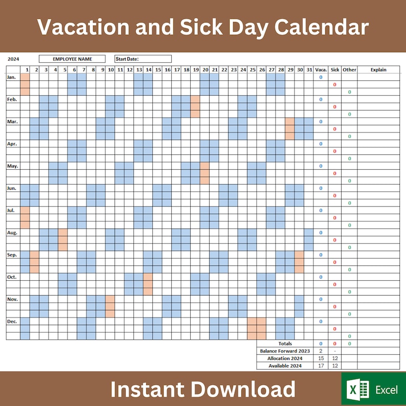 Vacation Calendar, Sick Day Calendar, Tracking Employee Vacation ...