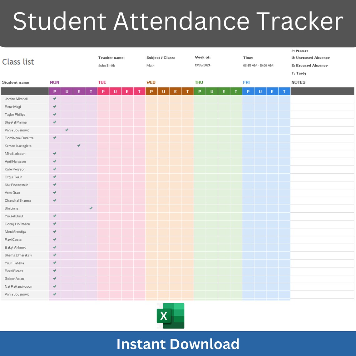 Class Student Absence List, Attendance Record Template, Student or ...