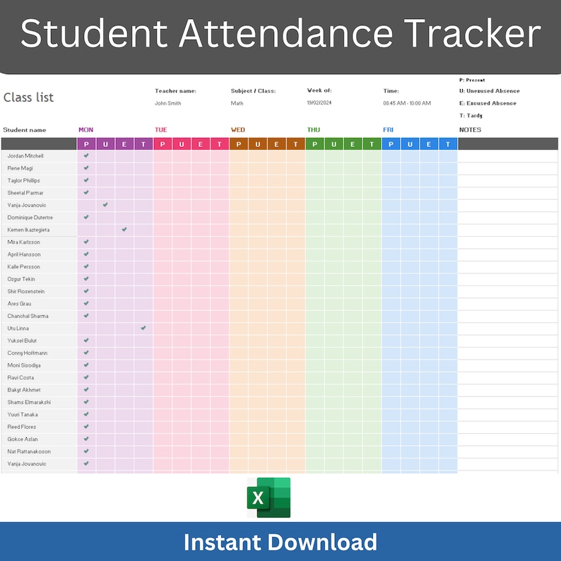 Class Student Absence List, Attendance Record Template, Student or ...