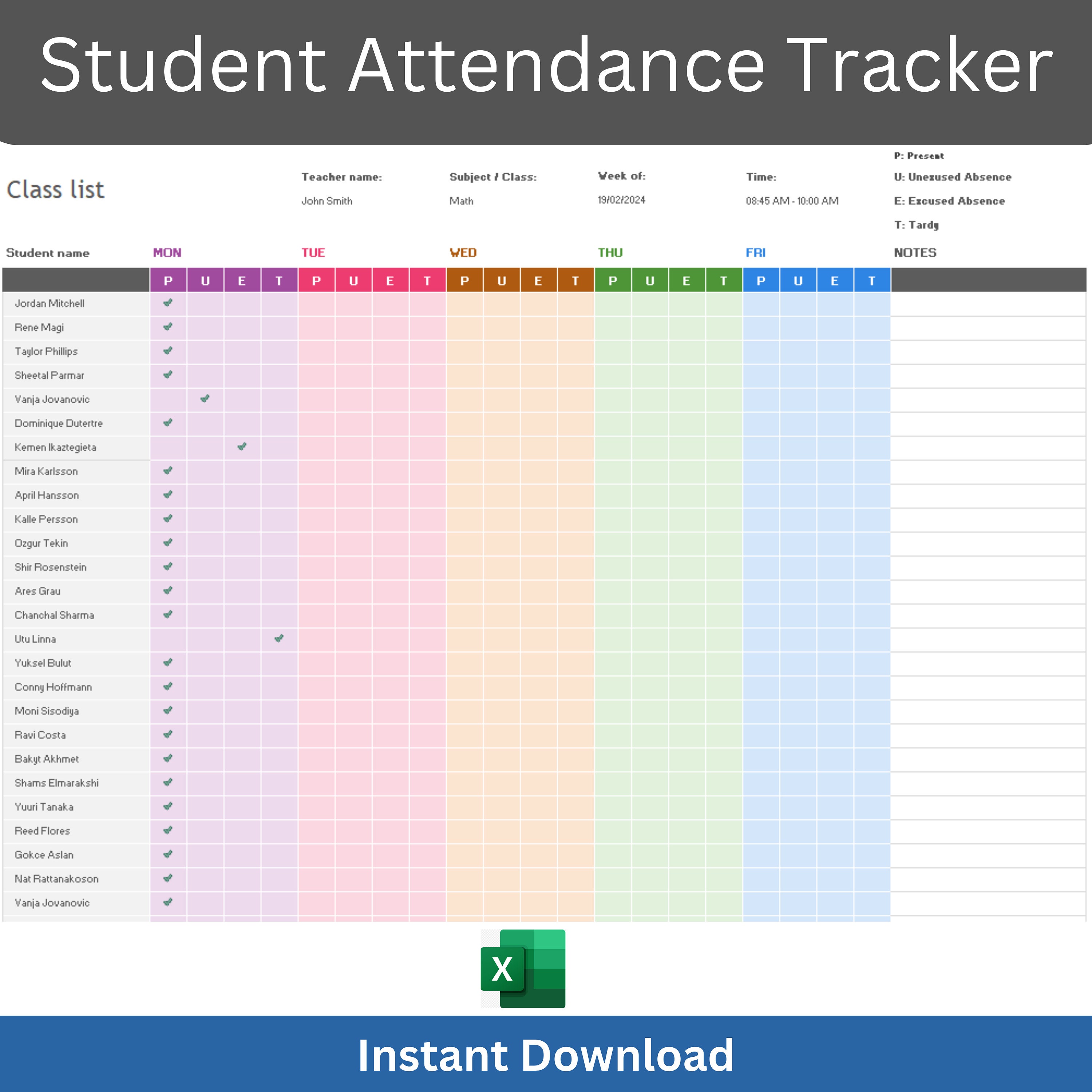 Class Student Absence List, Attendance Record Template, Student or ...