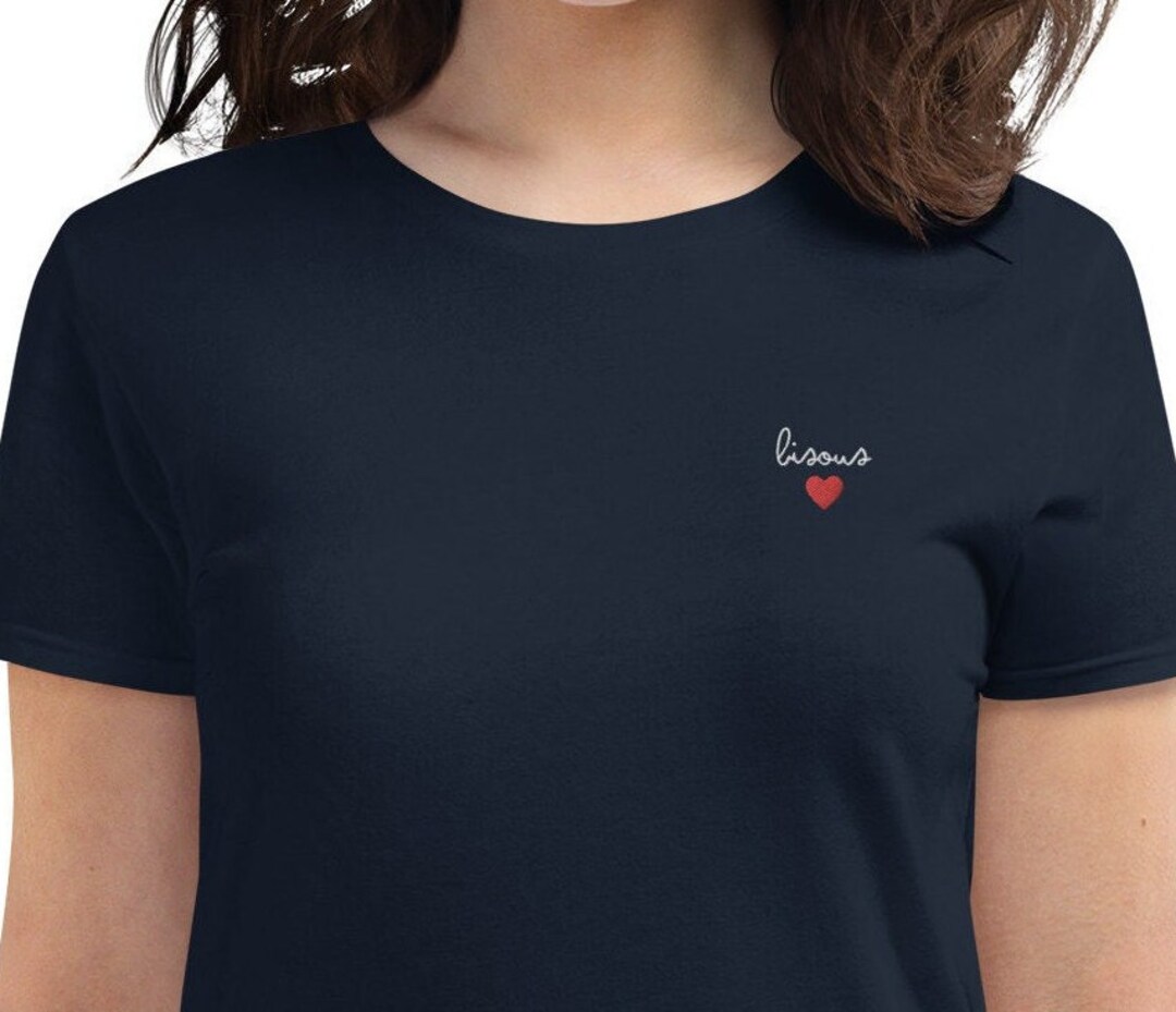 Bisous kisses Embroidered Women's Navy T-shirt Paris Style Embroidery Apparel Parisian Style ...