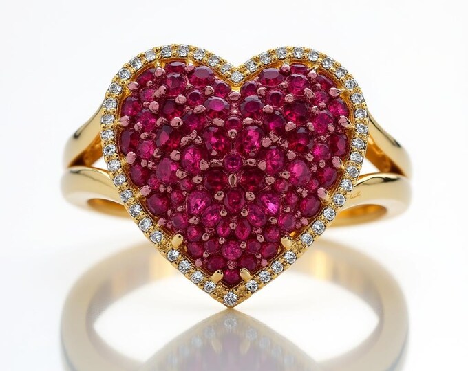 Red Heart Gem Ring, Gold Plated 925 Sterling Silver, Ruby Red Signet ...