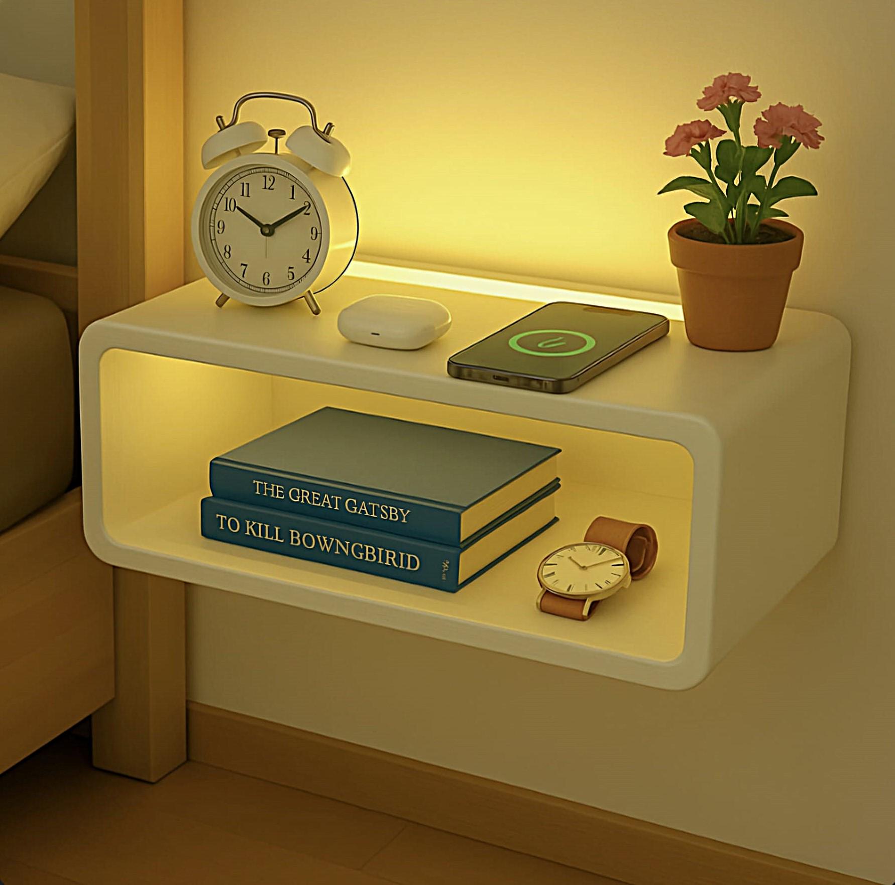 Floating Night Table With Light Stand, Modern Wall Mounted Night Table, Minimalist Bedroom ...